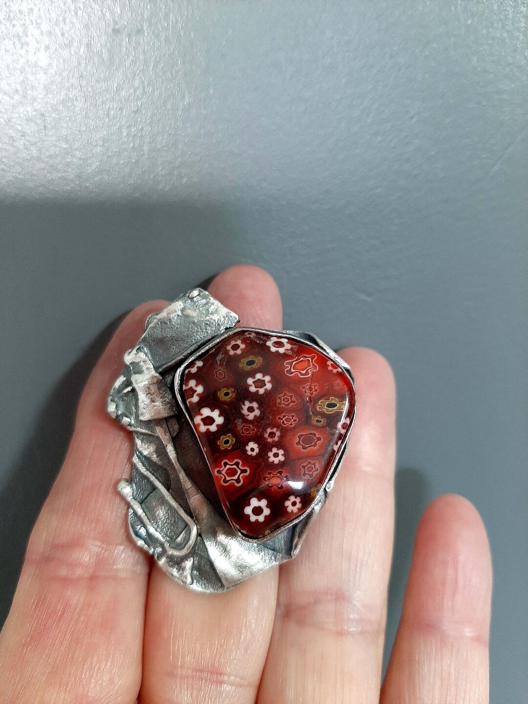 Red Millefiori Murano Glass Gemstone Ring, Oxidized Sterling Silver ...