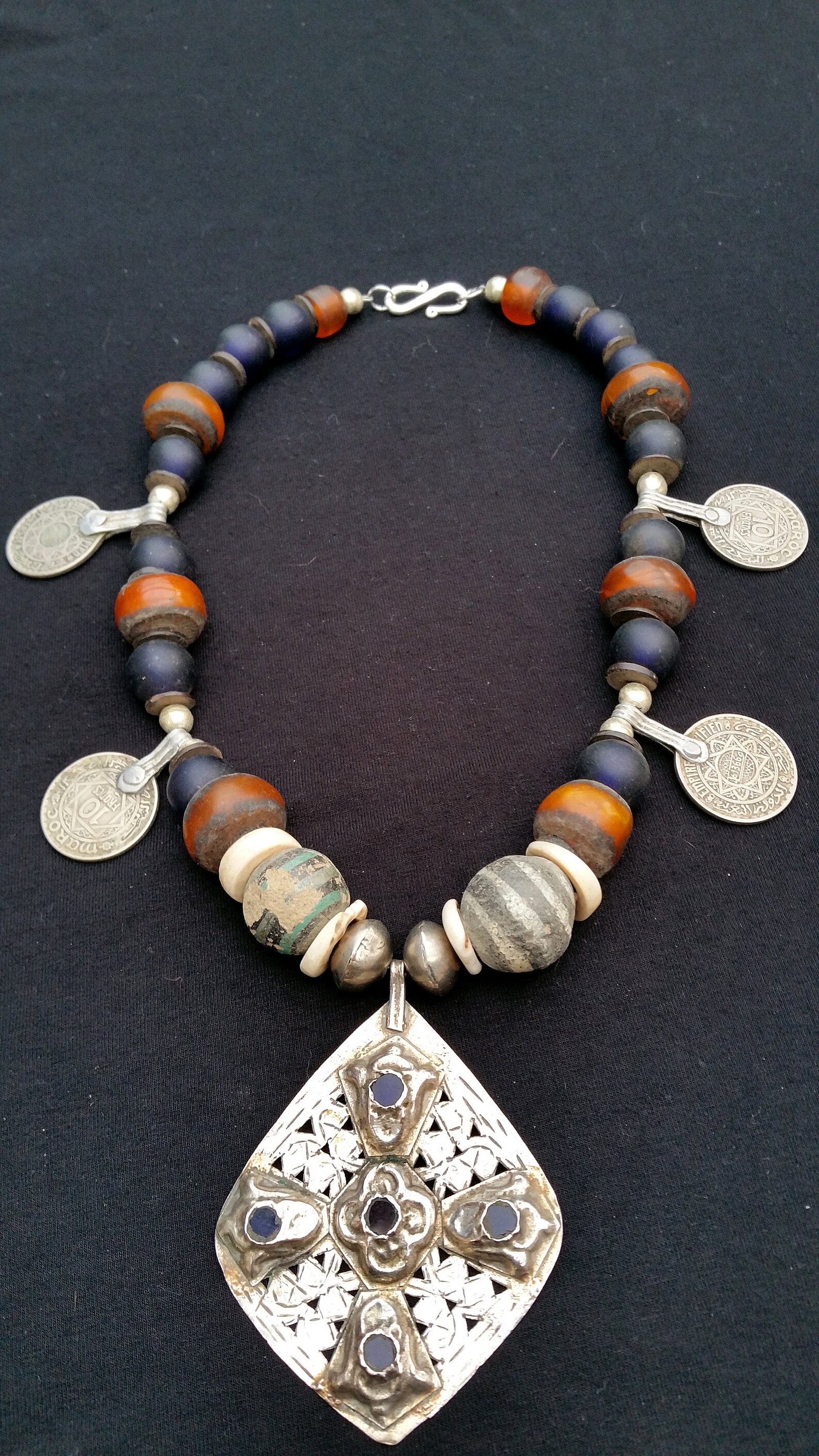 African Moroccan Berber Resin Amber Bead Old Coins Necklace - Etsy