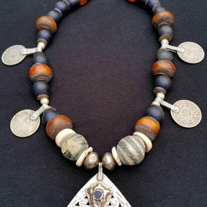 African Moroccan Berber Resin Amber Bead, Old Coins Necklace and Silver ...
