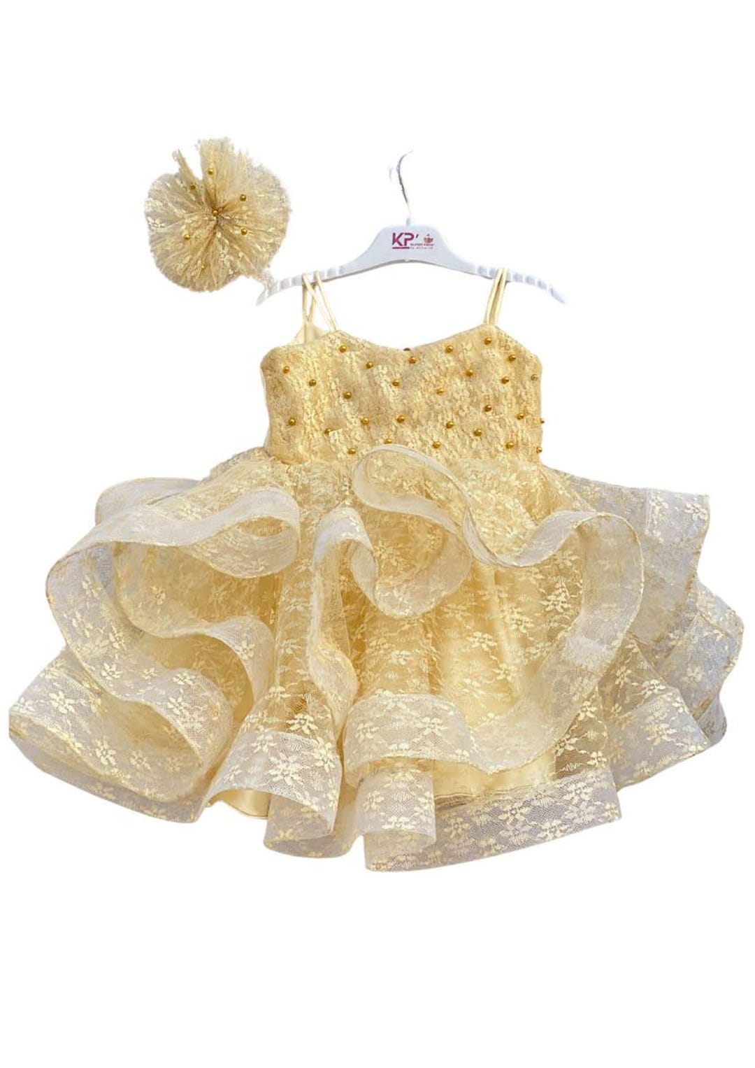 Golden Net Fabric Frock With Pearl & Hair Band for Baby Girl 1-6 Years ...