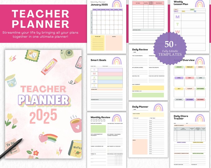 Printable Teacher Planner 2023-2024 | Boho Rainbow, Teacher Binder ...