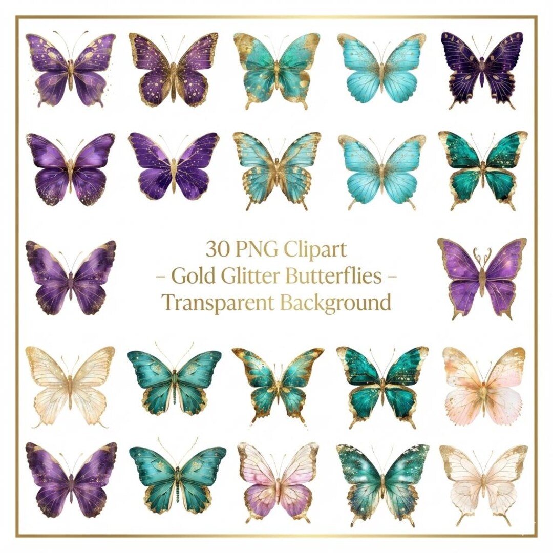 30 Gold Glitter Butterfly Clipart PNG - Transparent Background ...