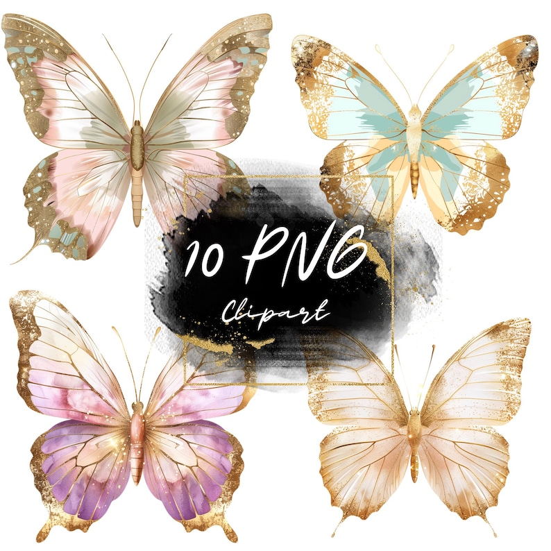 Pastel Gold Glitter Butterflies Clipart – 10 PNG Butterfly Clipart ...