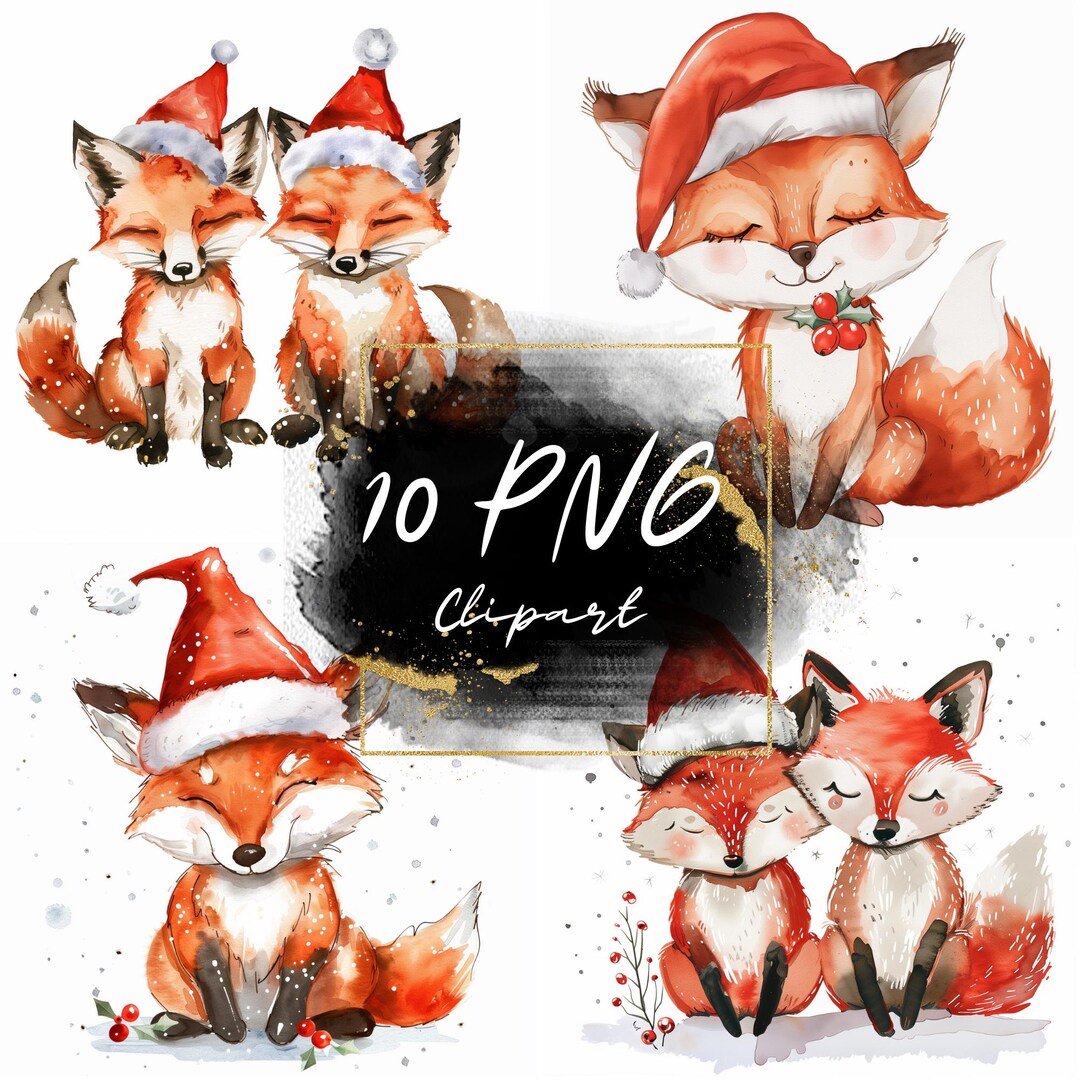 Watercolor Santa Hat Fox Clipart, Cute Foxes in Santa Hats, Holiday ...