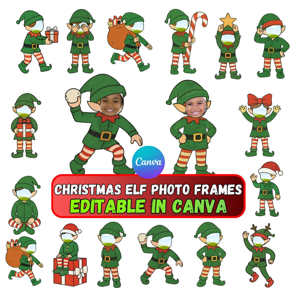 Christmas Elf Photo Frames, Add Your Own Face, 15+ Canva Holiday Elf ...