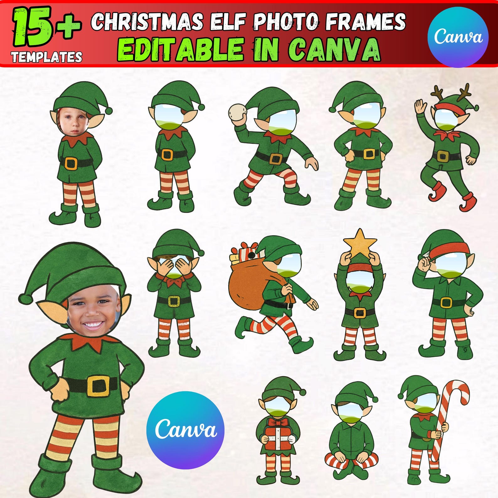 Christmas Elf Photo Frames, Add Your Own Face, 15+ Canva Holiday Elf ...