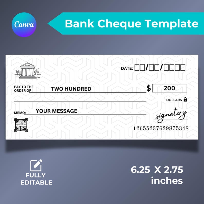 Printable Blank Cheque Template, Editable Bank Check Template ...
