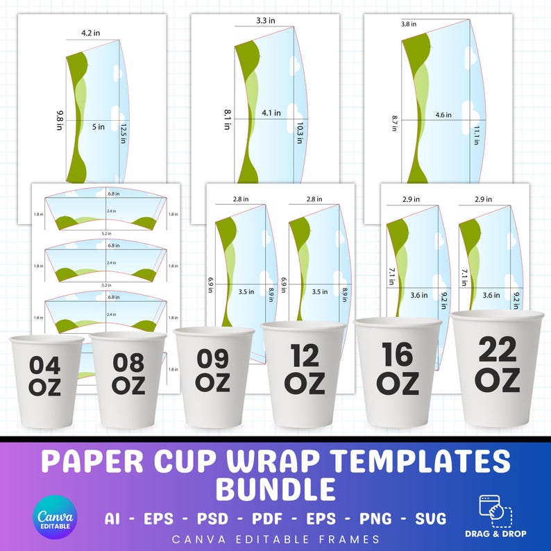 Paper Cup Wrapper Canva Template Bundle, 6 Sizes, Styrofoam Cup, Paper ...