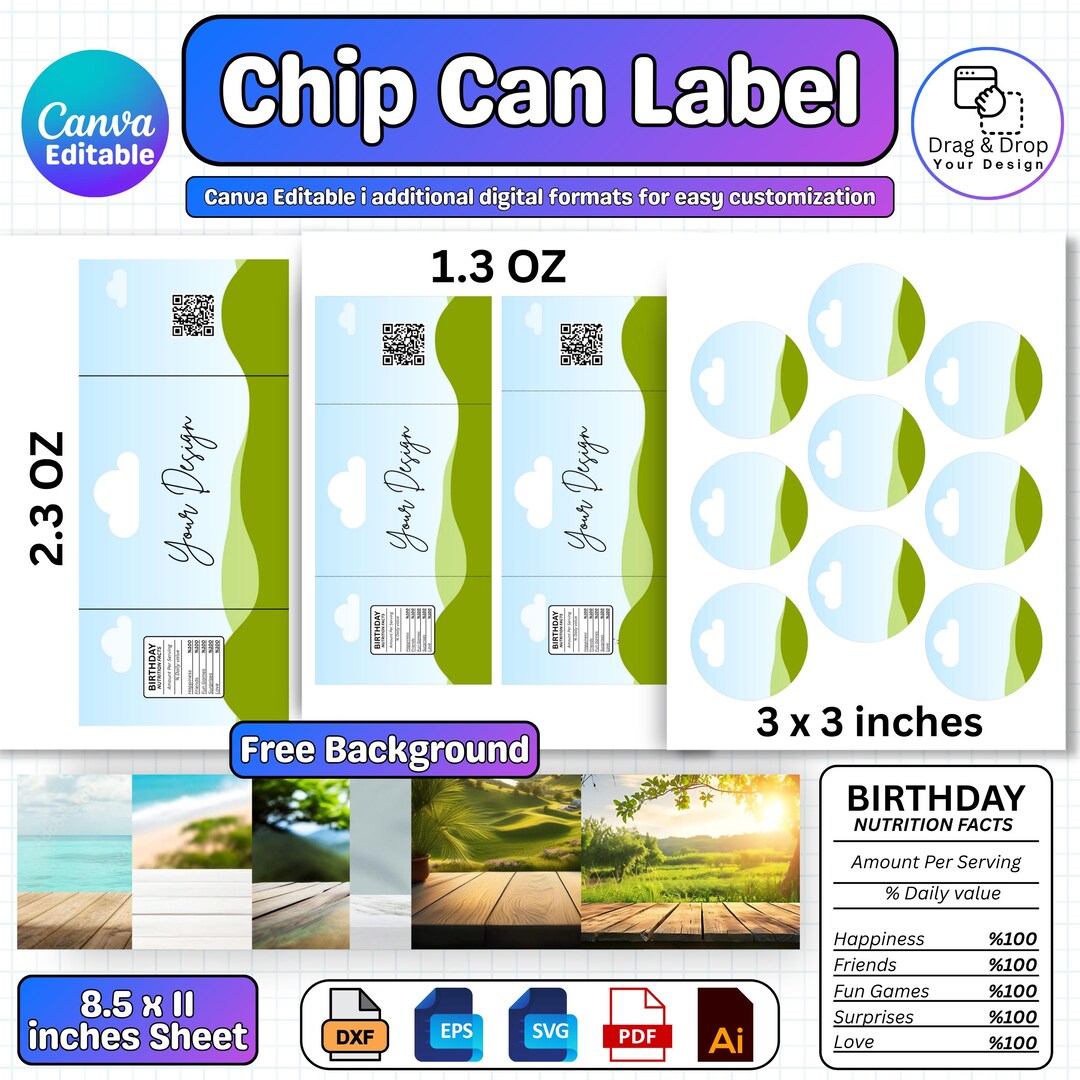 Chip Can Label Templates, 1.3oz Label, 2.3oz Label, Pringles Wrapper ...