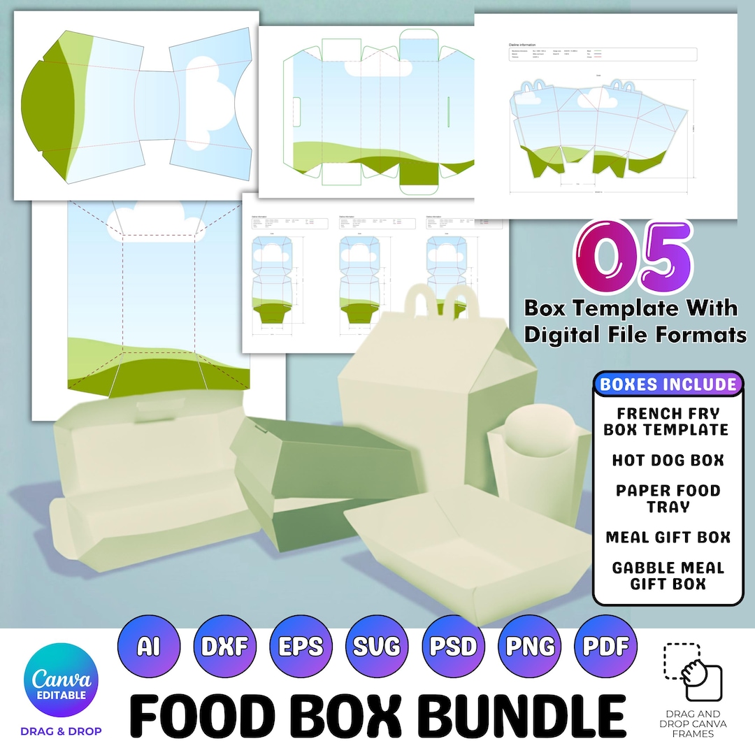 Food Box Templates Bundle, French Fries Box, Hot Dog Box, Food Tray ...