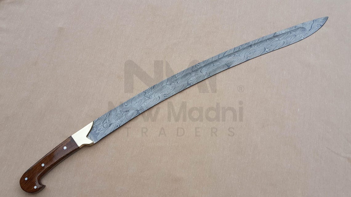 38" Damascus Single Edge Full Tang Rose Wood Handle Yatagan Sword NMT ...