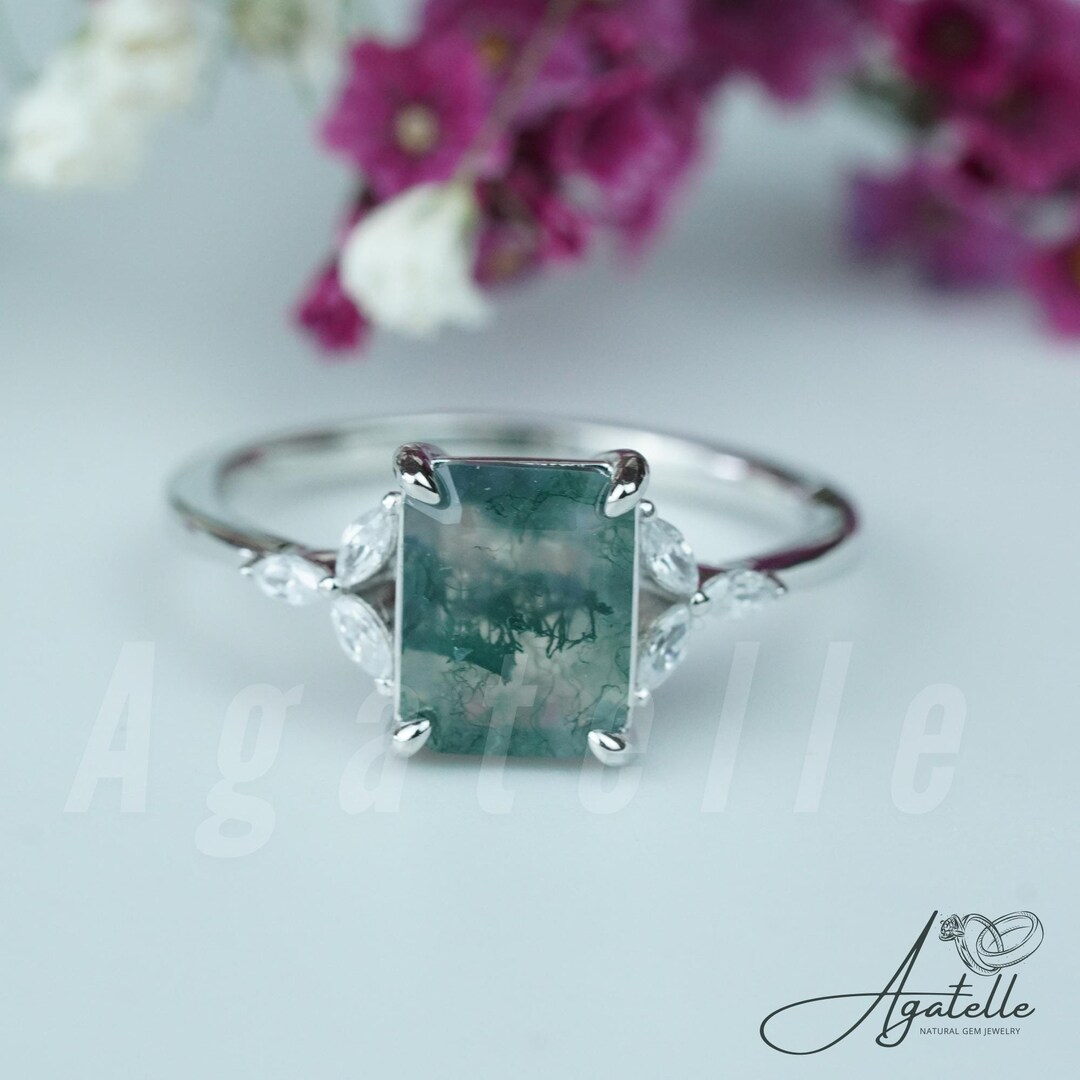 Princess Cut Aquatic Agate Ring Botanical Engagement Ring, Agate ...