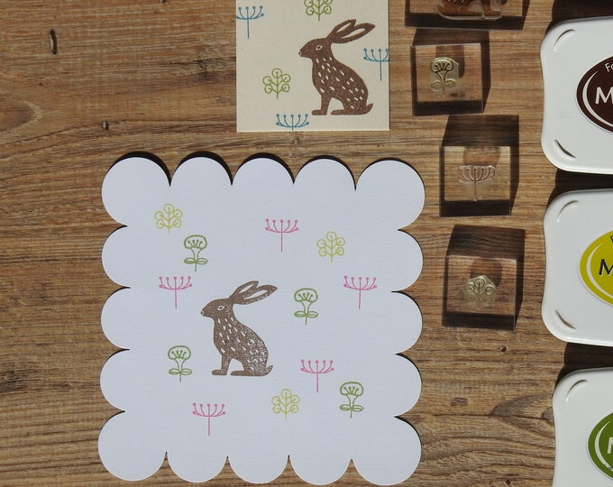 Hare and Flora Wood Stamps Rubber Stamp Hare Rabbit Hare Gift Animal ...