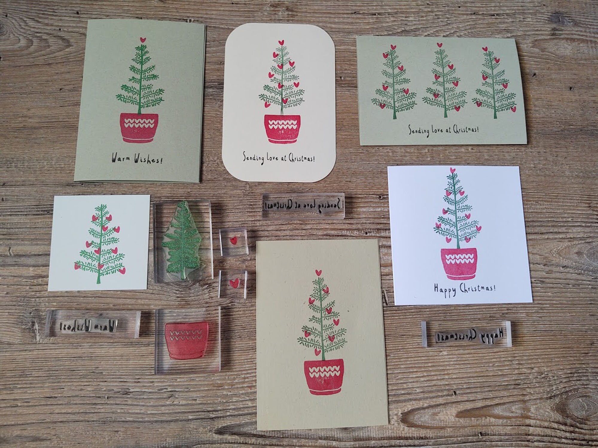 Naive Christmas Tree in Pot With Hearts 4 Piece Stamp Set | Etsy