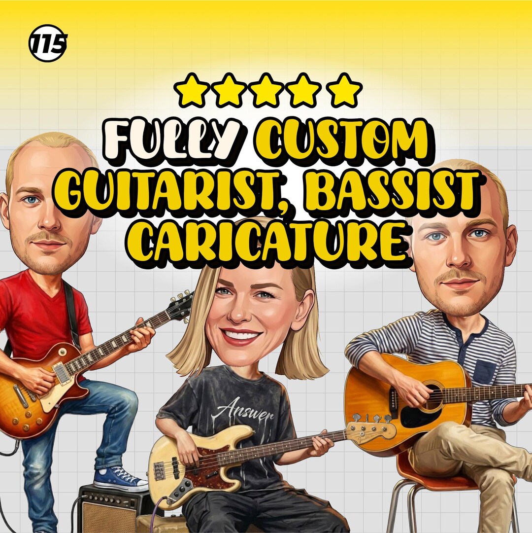Custom Guitarist Drawing Caricature, Personalized Bassist Cartoon ...