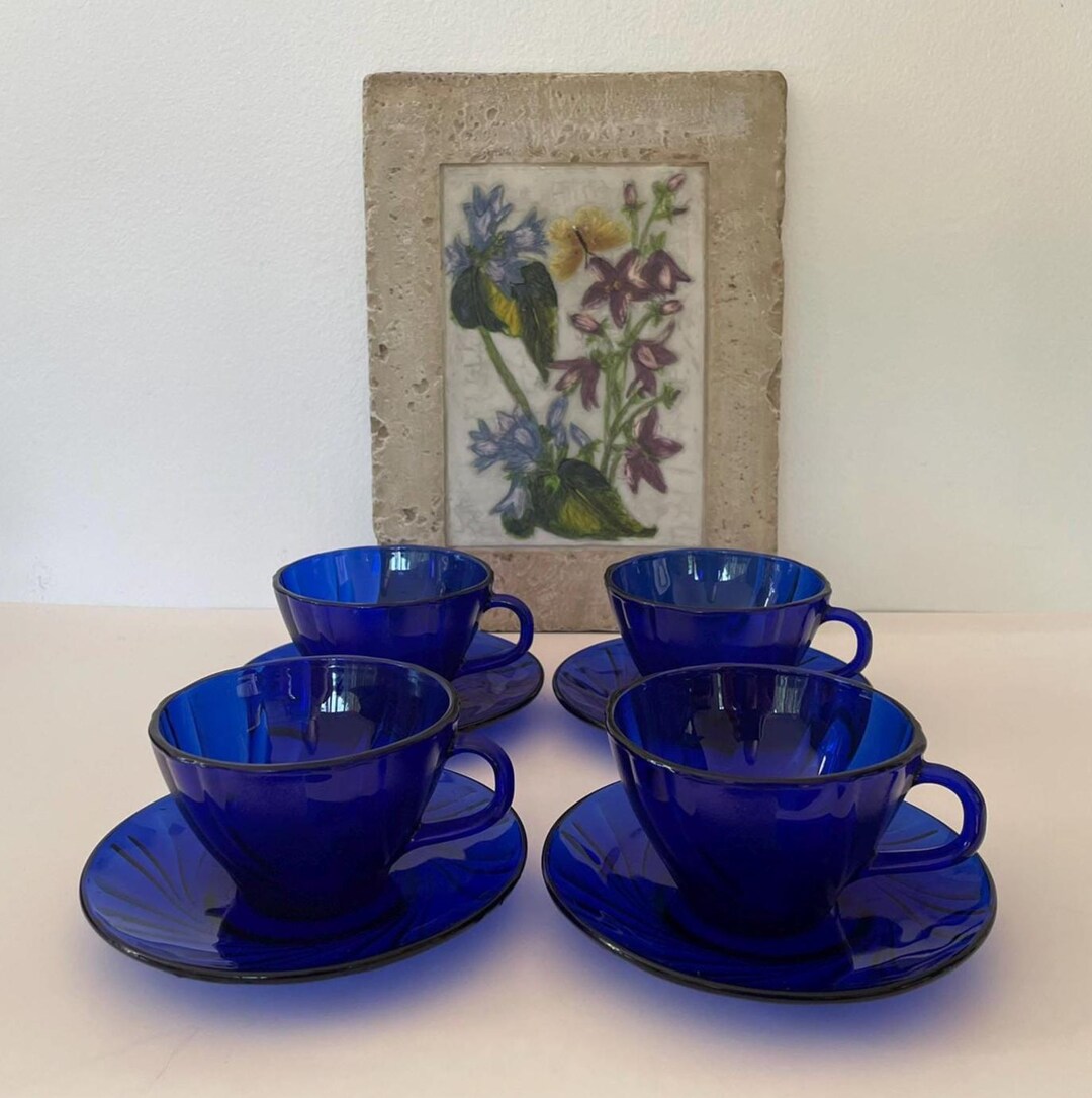 Set of 4 Vintage Duralex Vereco France Cobalt Blue Tea Cups and Saucers ...