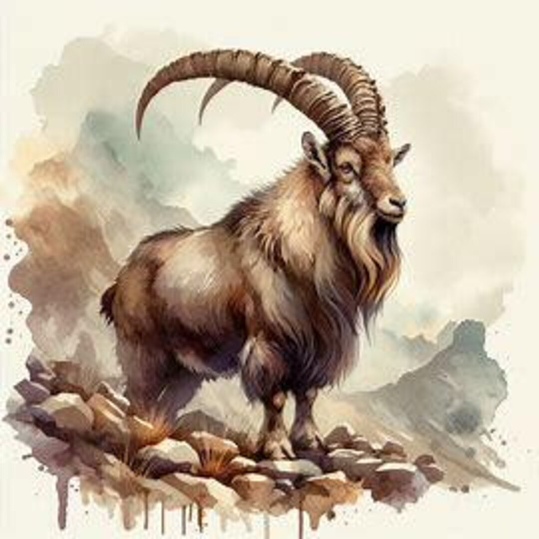Markhor Watercolor Clipart - Majestic Mountain Goat With Spiral Horns ...