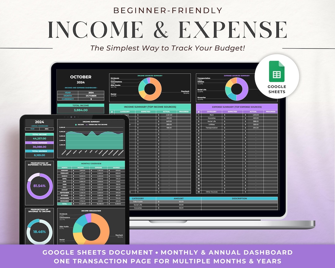 Google Sheets Budget Spreadsheet Monthly Income and Expense Tracker 12 ...