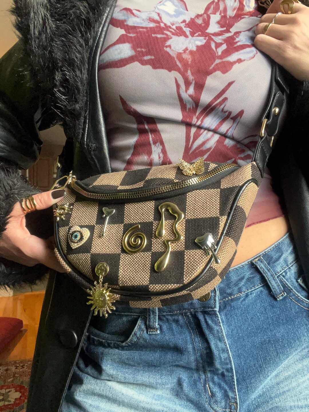Checkered Crossbody Bag With Charms - Etsy