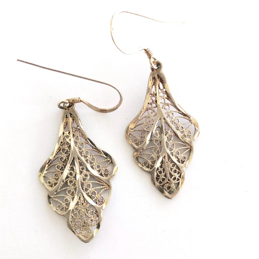 Vintage Sterling Silver Filigree Feather Dangle Earrings - Etsy