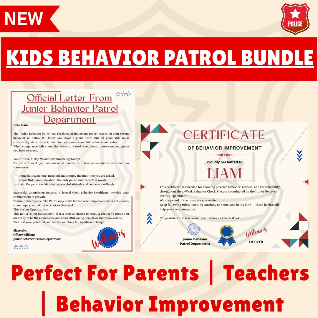 Personalized Kids Behavior Patrol Letter & Certificate (printable ...