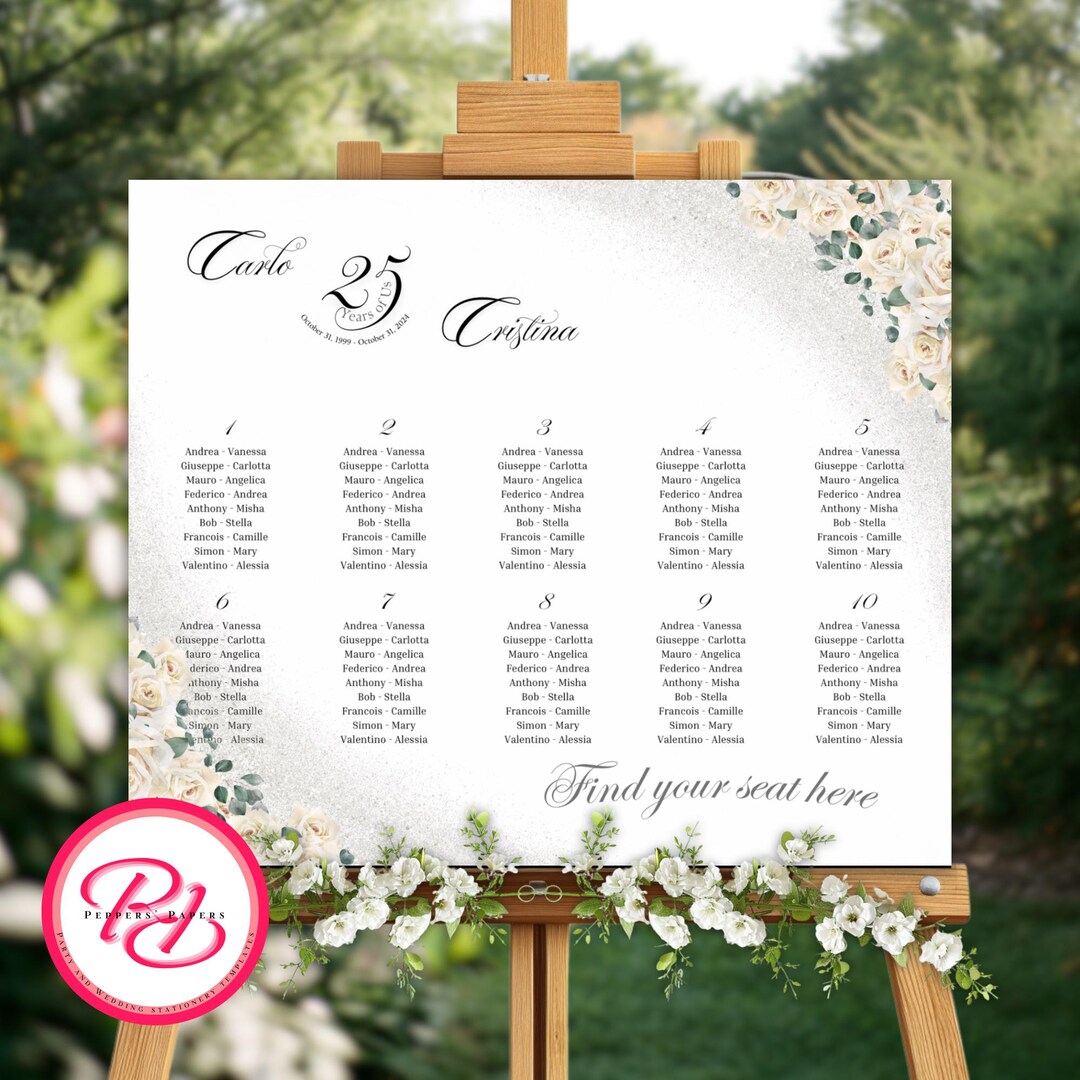 25th Anniversary Seating Chart, Silver Frame Layout, White Roses Plan ...