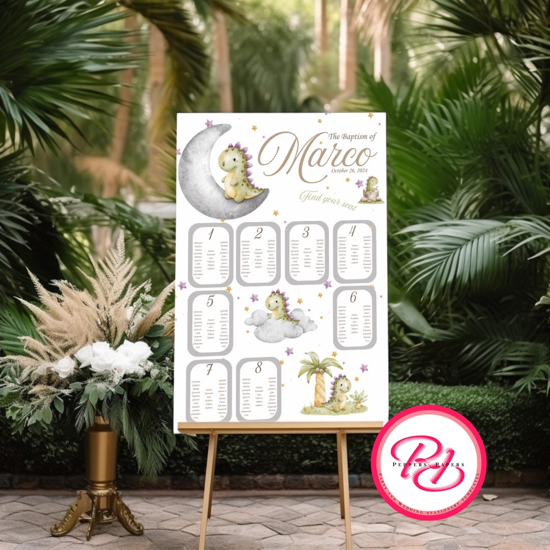 Dinosaur Seating Chart, Baby Boy Baptism Plan, Green T-rex Layout, Moon ...