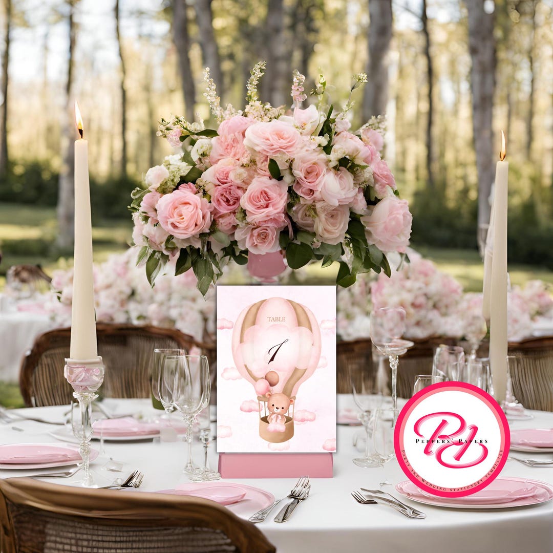 Pink Balloon Table Numbers, Sweet Teddy Bear Markers, Rose Gold Bubble ...