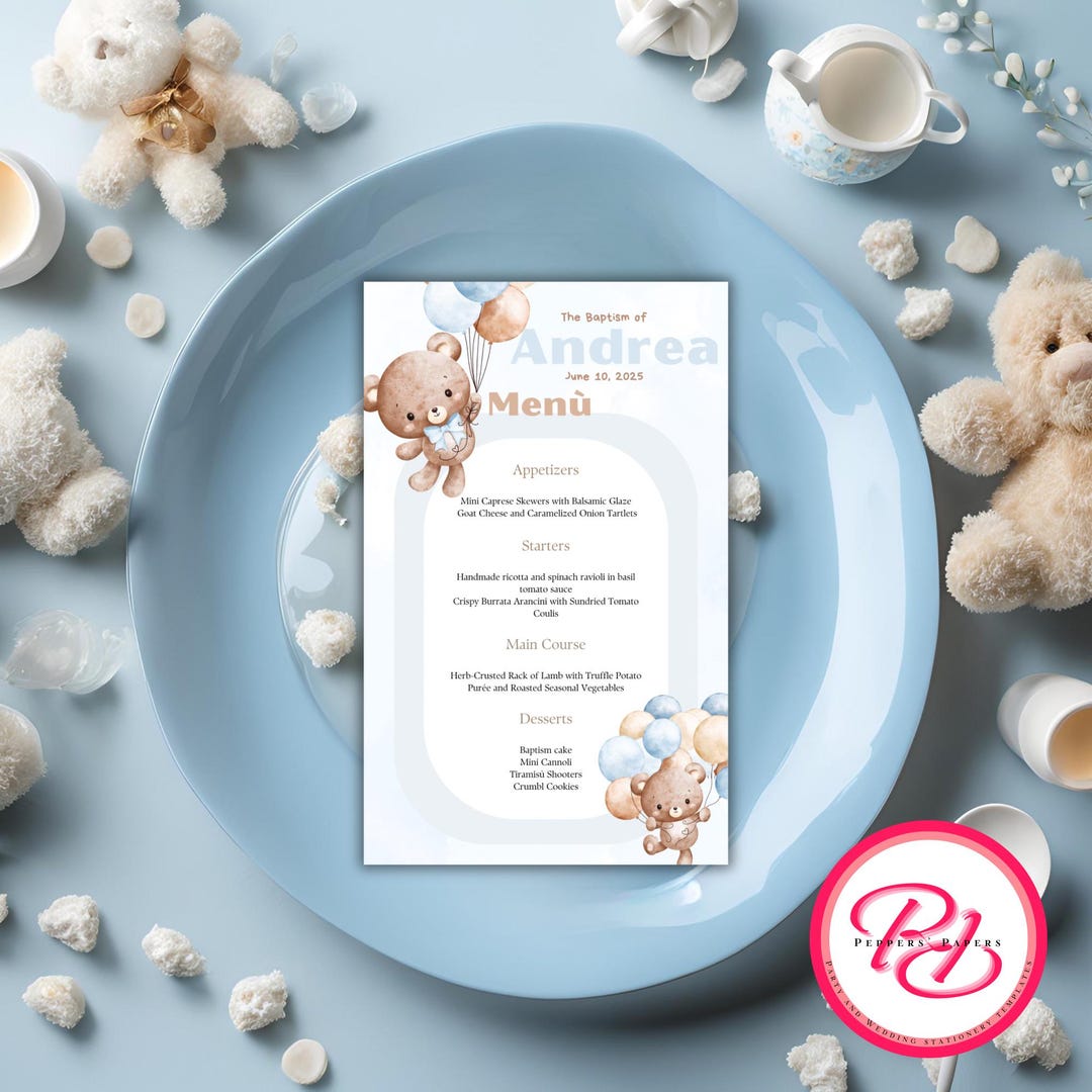 Blue Teddy Bear Menu Card, Baby Boy Baptism Food List, Soft Cloud Stars ...