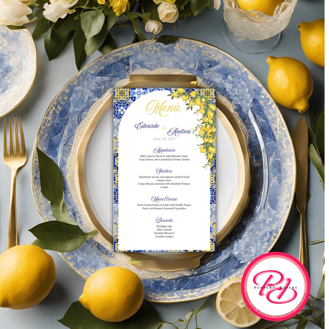 Mediterranean Wedding Menu Template, Blue Tile Wedding Food Card ...