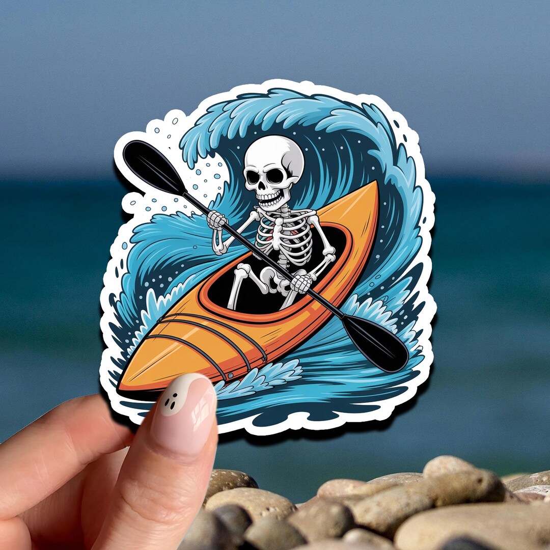 Skeleton Kayaking Sticker, Water Bottle Sticker, Laptop Sticker, Kayak ...