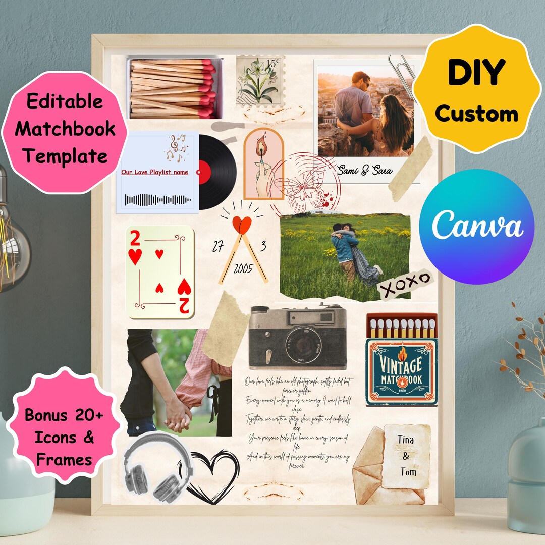 Matchbook Photo Collage Poster, Anniversary Gift, Canva Template ...