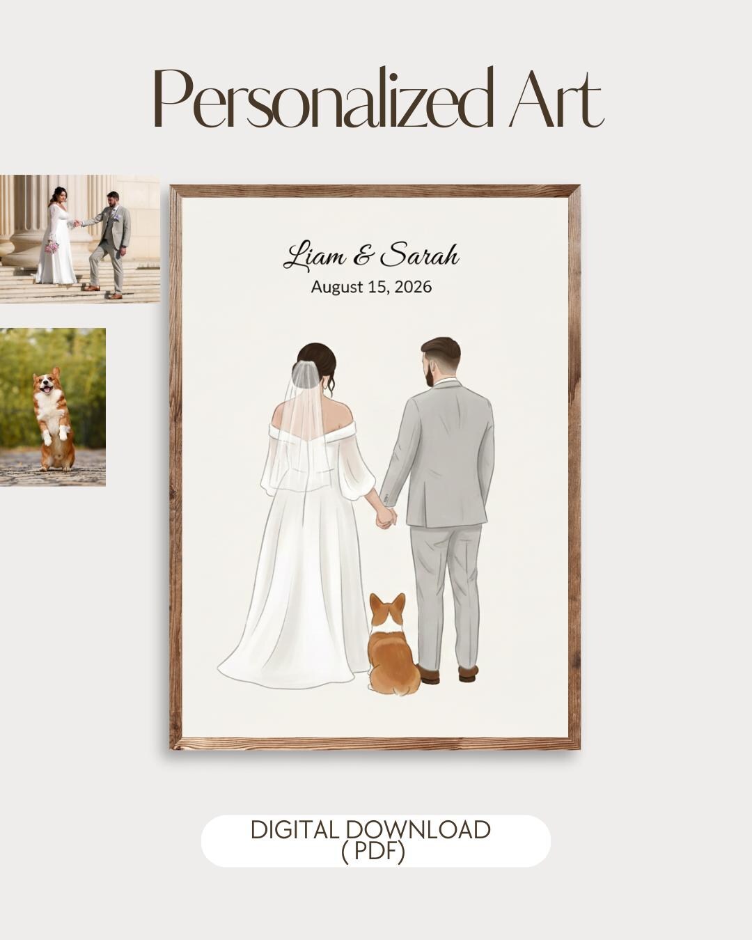 Personalized Wedding Cartoon Portrait With Pet, Couple and Dog Wedding ...