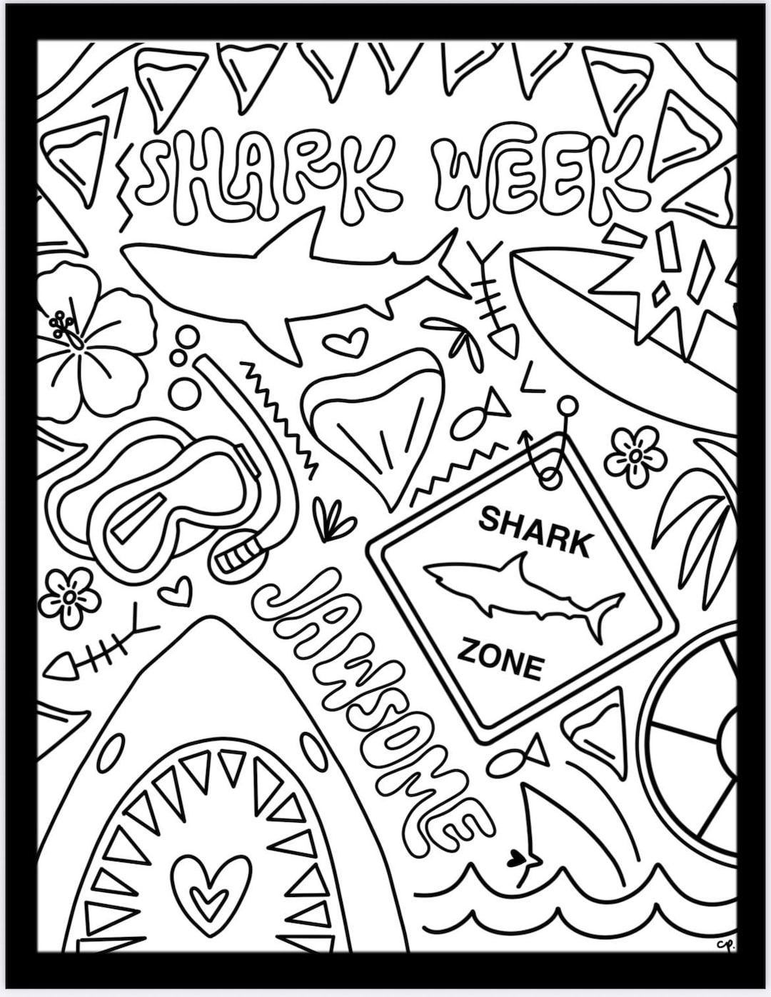 Shark Week Coloring Page, Blank Coloring Page, PDF Print, Instant ...