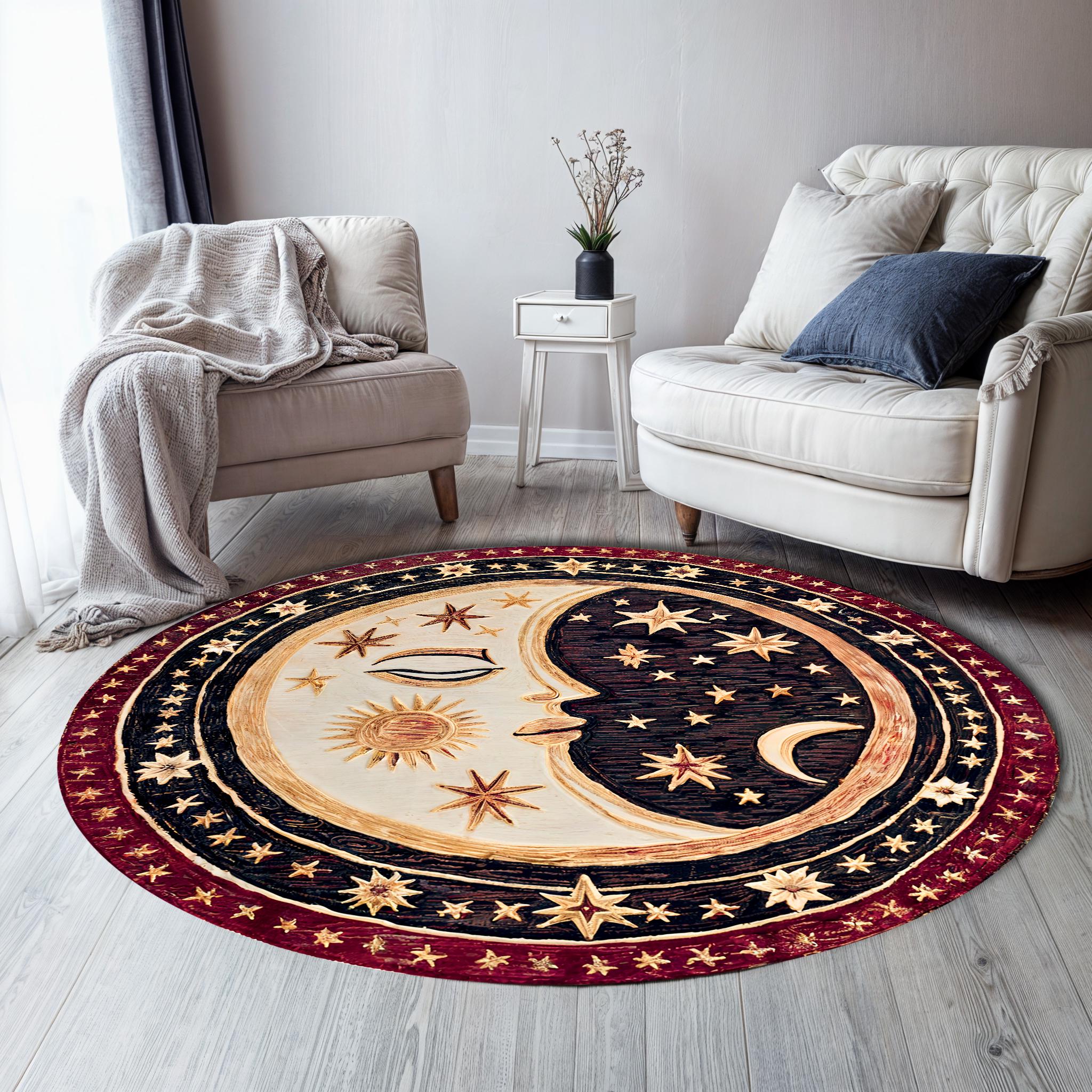 Celestial Sun Moon Rug, Boho Round Rug, Mystical Star Rug, Moon Phase ...