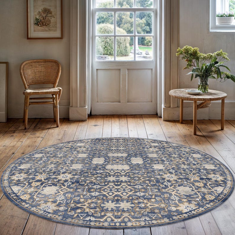 Washable Round Blue Rug: Vintage Bohemian Floral Design - Etsy