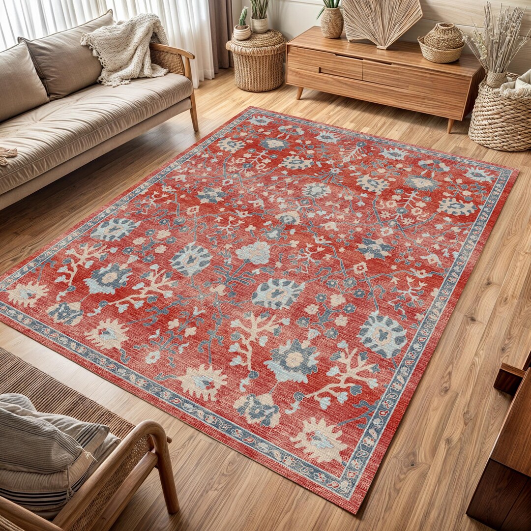Red Turkish Style Rug: Digital Print Oriental Design - Etsy
