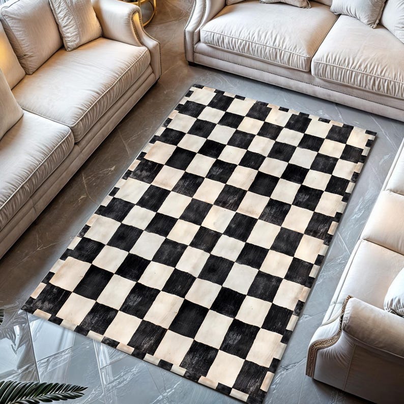 Checkerboard Vinyl Rug: Black and White Washable Floor Mat - Etsy