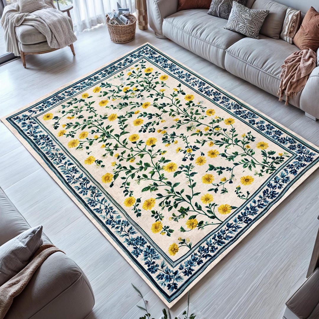 Floral Rug With Botanical Design, Washable Rug for Living Room or ...