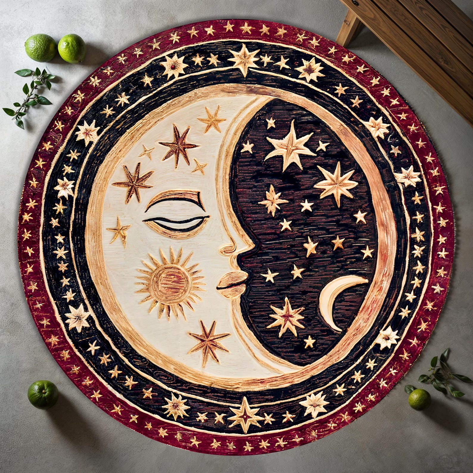 Celestial Sun Moon Rug, Boho Round Rug, Mystical Star Rug, Moon Phase ...