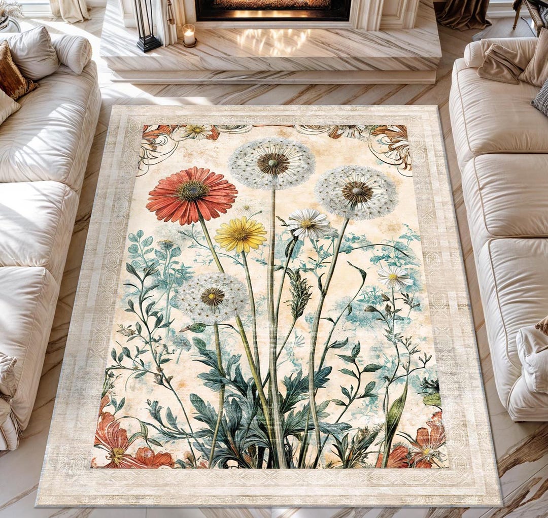 Dandelion Rug, Cozy Home Decor, Flower Rug, Boho Rug, Warm Living Room ...