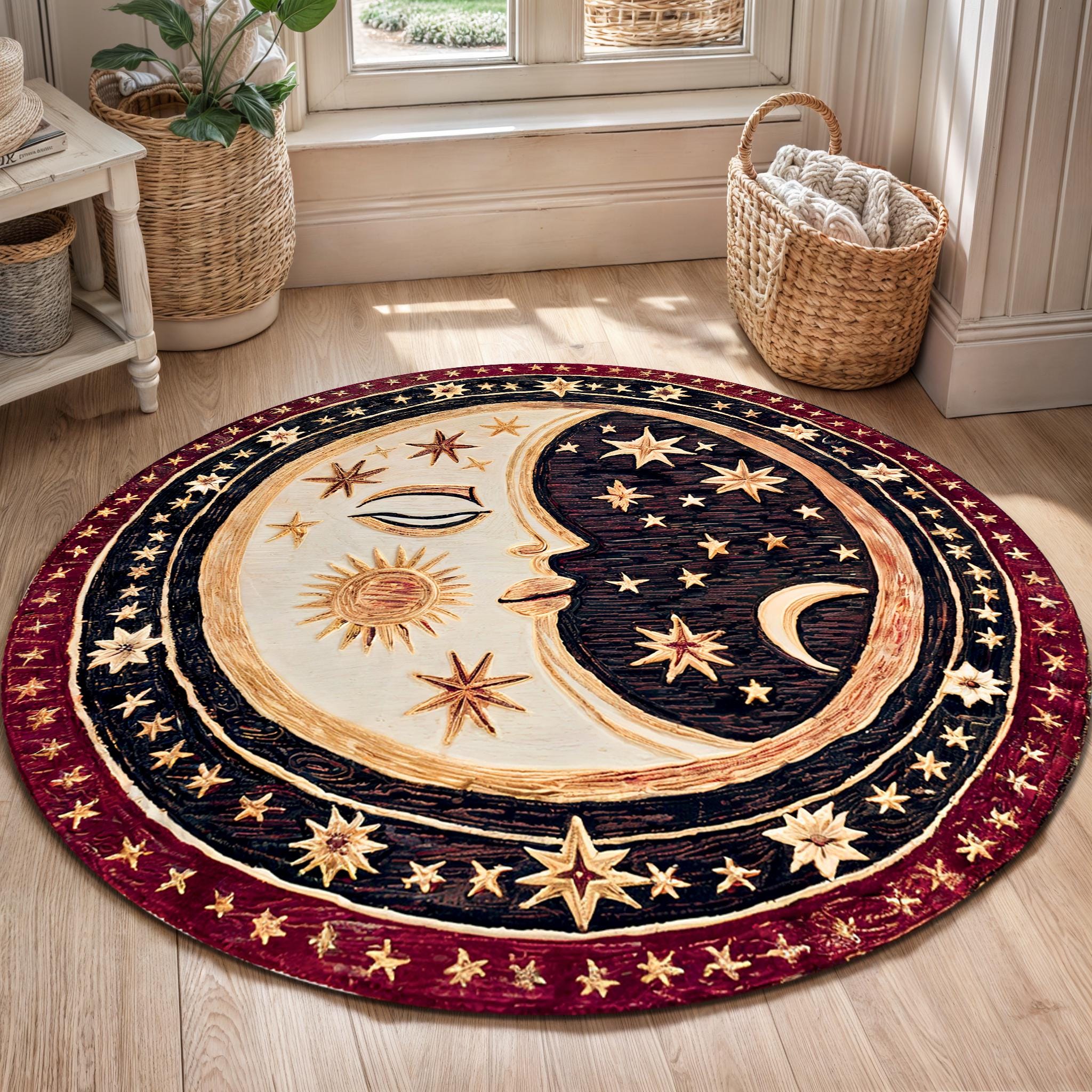 Celestial Sun Moon Rug, Boho Round Rug, Mystical Star Rug, Moon Phase ...