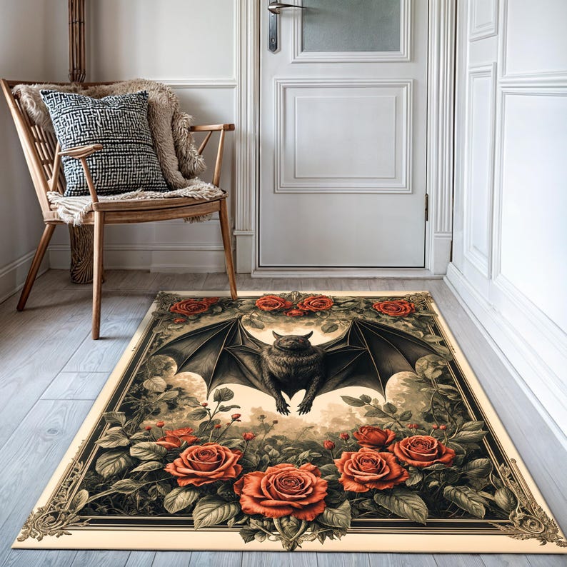 Vintage Gothic Rug, Dark Academia Home Decor, Bat and Roses Aesthetic ...