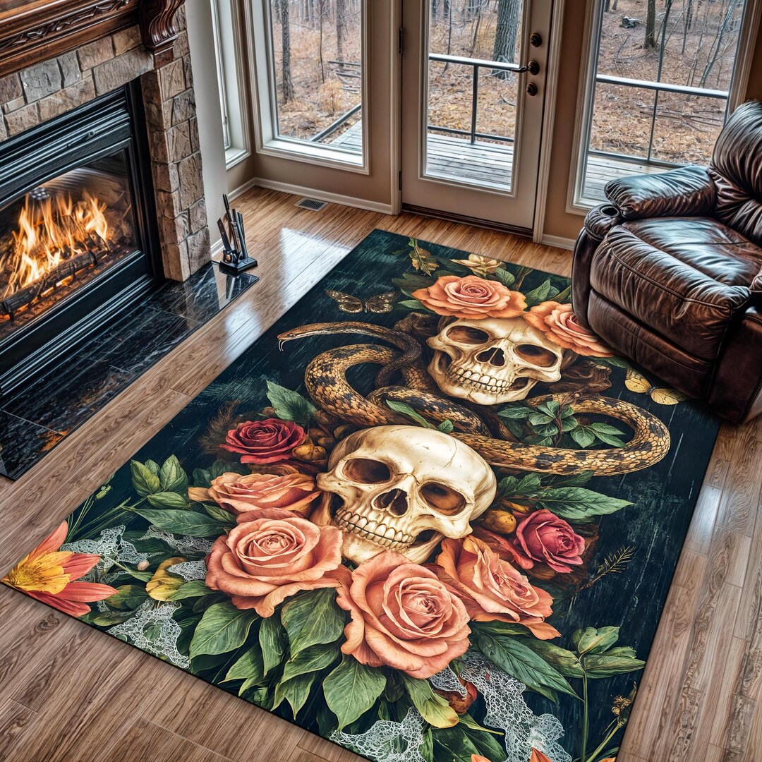 Gothic Floral Skoll Rug, Skull Rug, Dark Skull Rug, Boho Skull Design ...