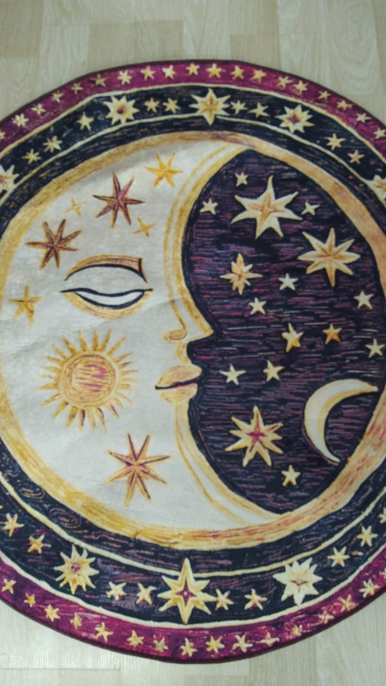 Celestial Sun Moon Rug, Boho Round Rug, Mystical Star Rug, Moon Phase ...