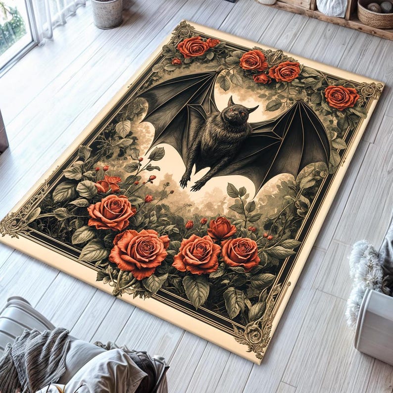 Vintage Gothic Rug, Dark Academia Home Decor, Bat and Roses Aesthetic ...