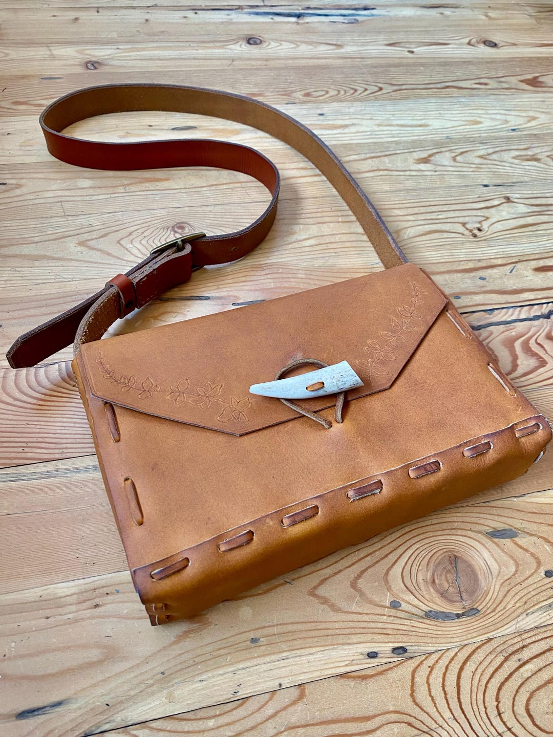 Handmade Leather Purse With Lupine Embossing & Antler Button - Unique ...