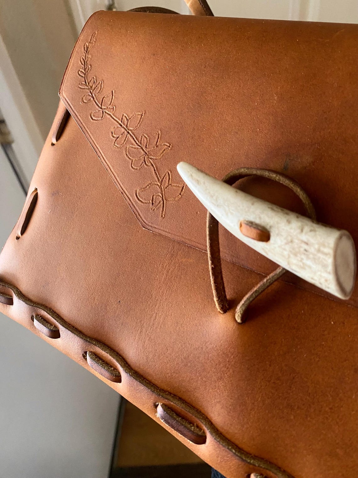 Handmade Leather Purse With Lupine Embossing & Antler Button - Unique ...