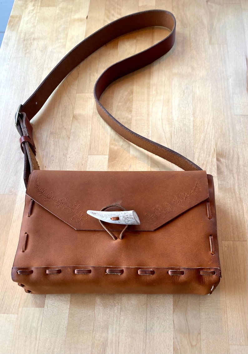 Handmade Leather Purse With Lupine Embossing & Antler Button - Unique ...