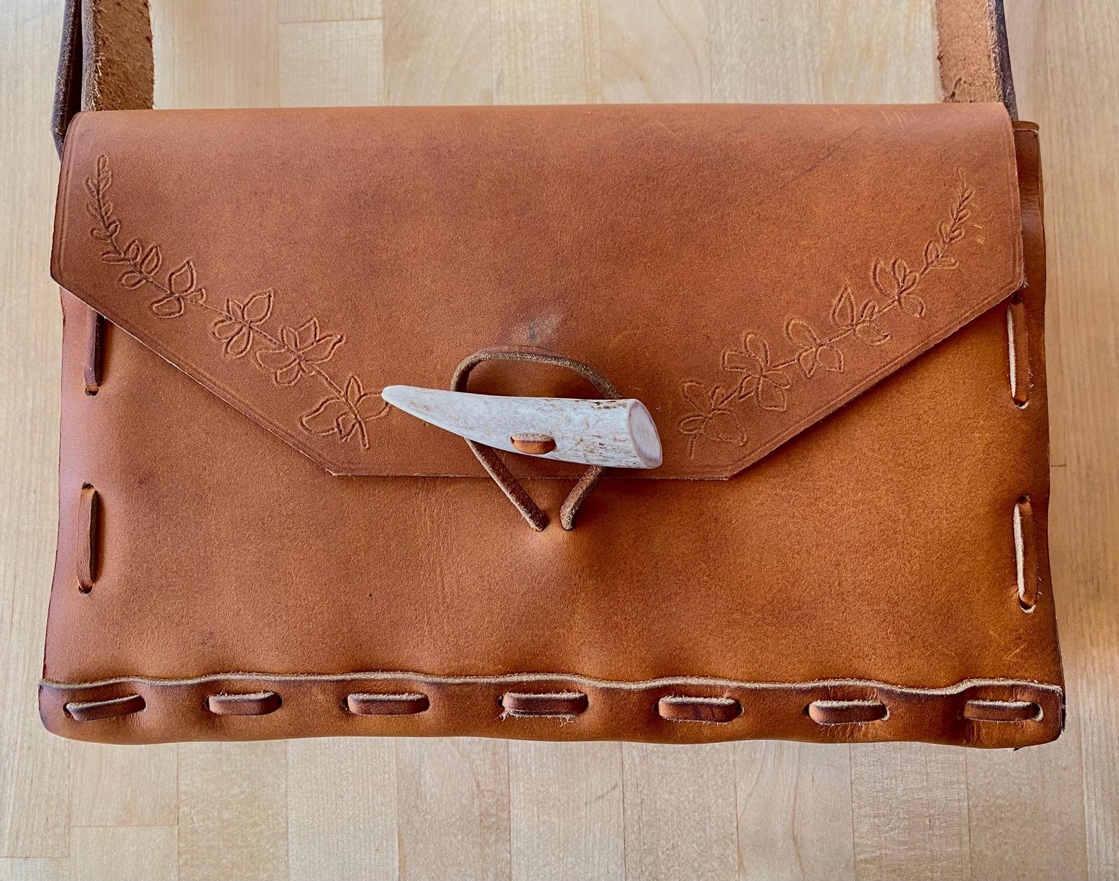 Handmade Leather Purse With Lupine Embossing & Antler Button - Unique ...